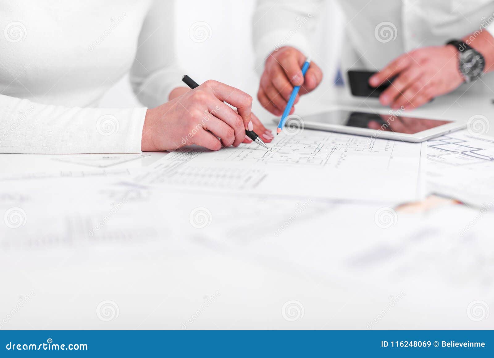Employees Work on Blueprints or Engineering Plans in the Office ...