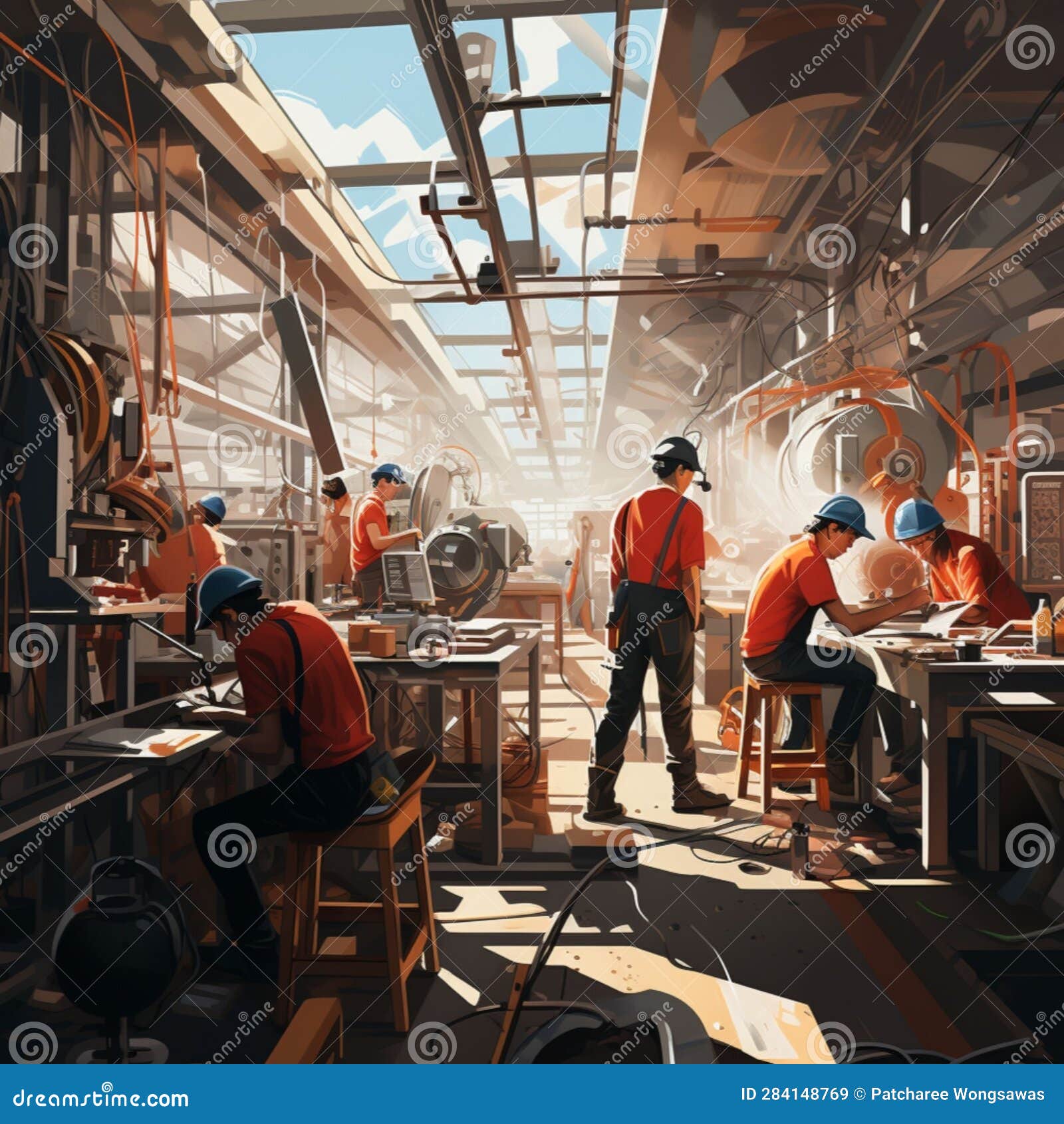 Employees Working in Industry Stock Illustration - Illustration of room ...