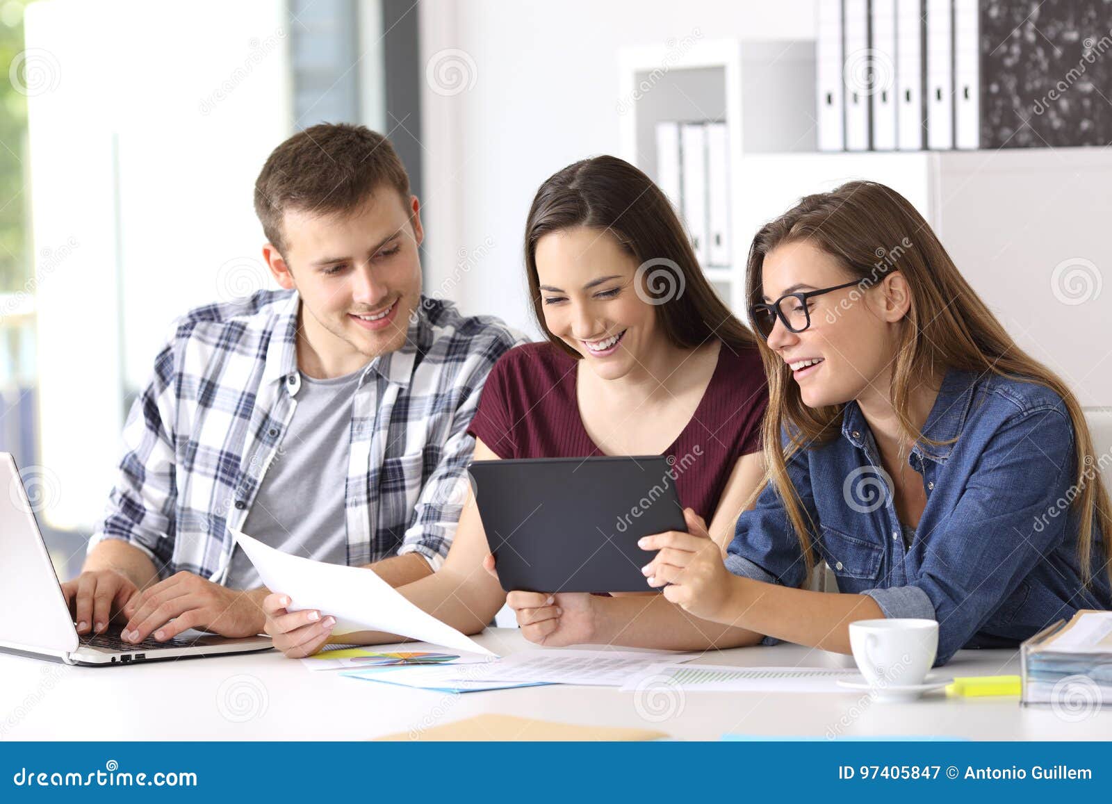 Employees Working on Line with Tablet at Office Stock Image - Image of ...