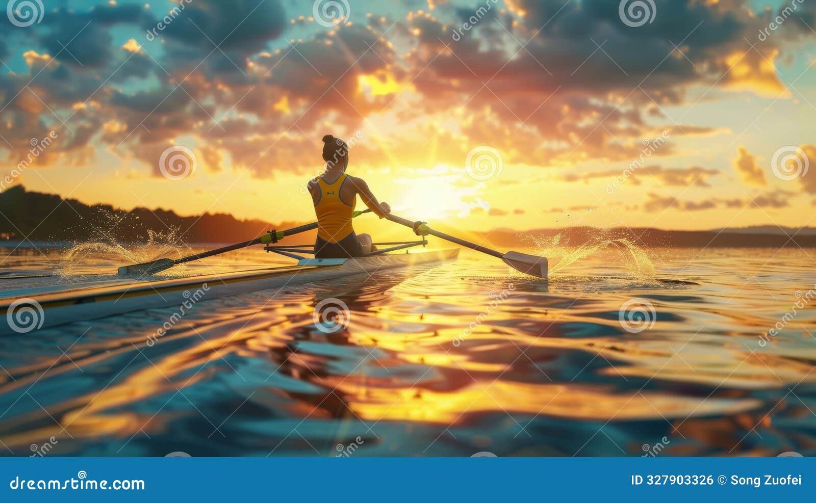 Empowered German Female Rower Competing at Sunset in Single Sculls ...