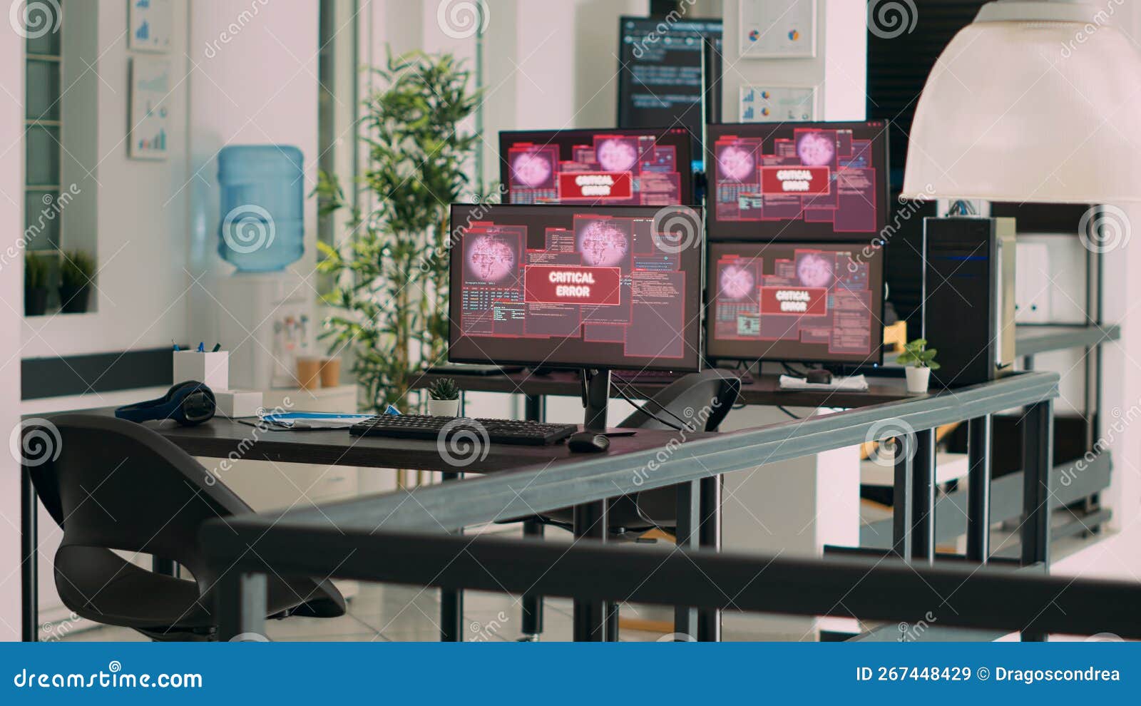 Empty Agency Office with Multiple Monitors Showing System Crash Warning ... Empty Agency Office with Multiple Monitors Showing System Crash Warning ...