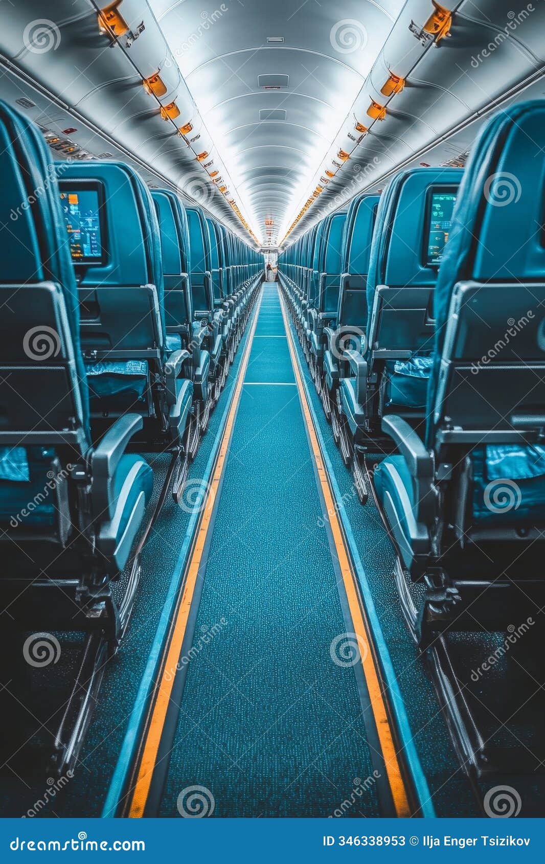 Empty Airplane Cabin, Rows of Blue Seats and Aisle, Perspective View of ...