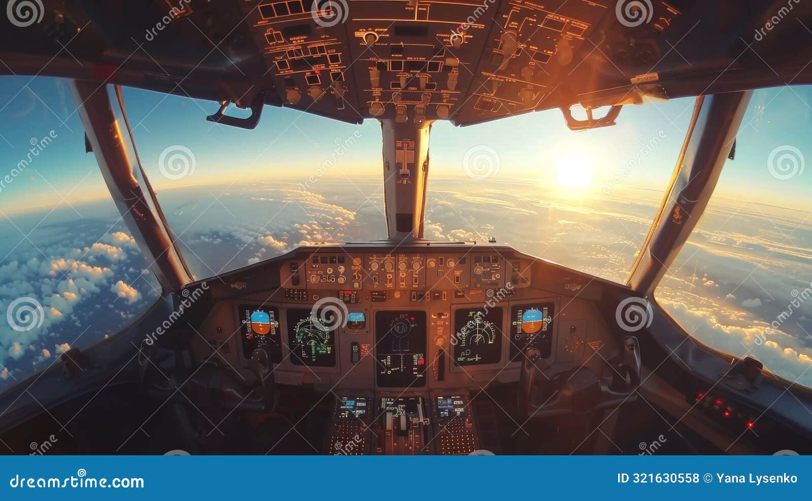 Empty Airplane Cockpit with Illuminated Control Panels and Scenic View ...