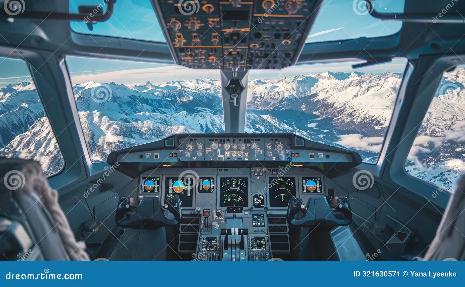 Empty Airplane Cockpit with Illuminated Control Panels and Scenic View ...