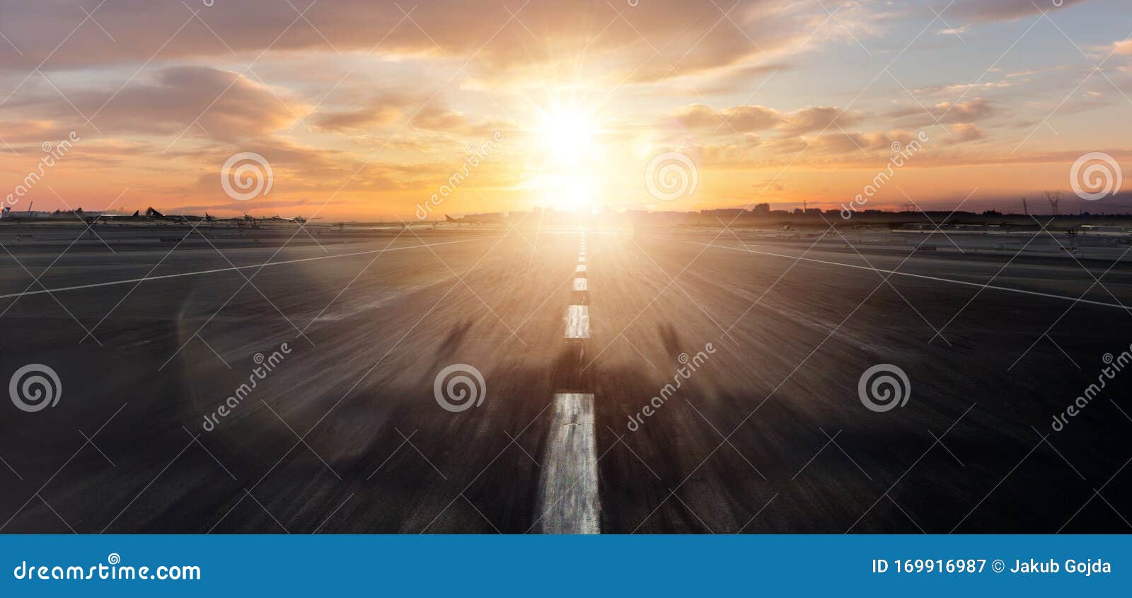 Empty Airplane Runway with Dramatic Sunset Stock Image - Image of ...