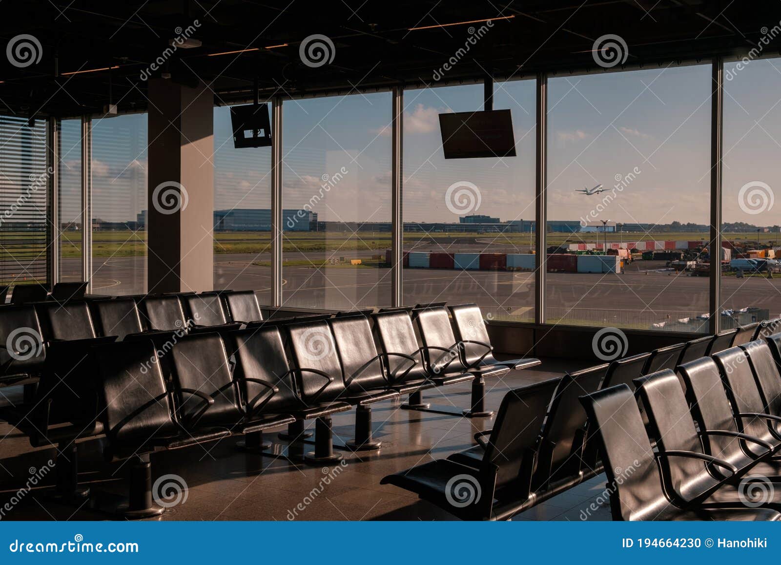 Empty Airport Lounge with Runway View Windows Stock Photo - Image of ...