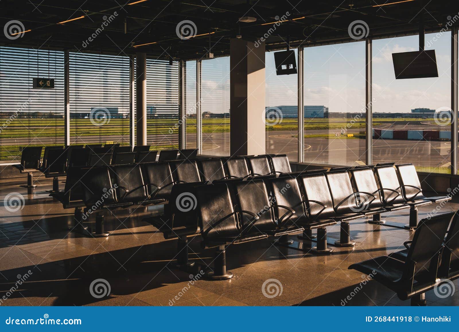 Empty Airport Lounge with Runway View Windows Stock Photo - Image of ...