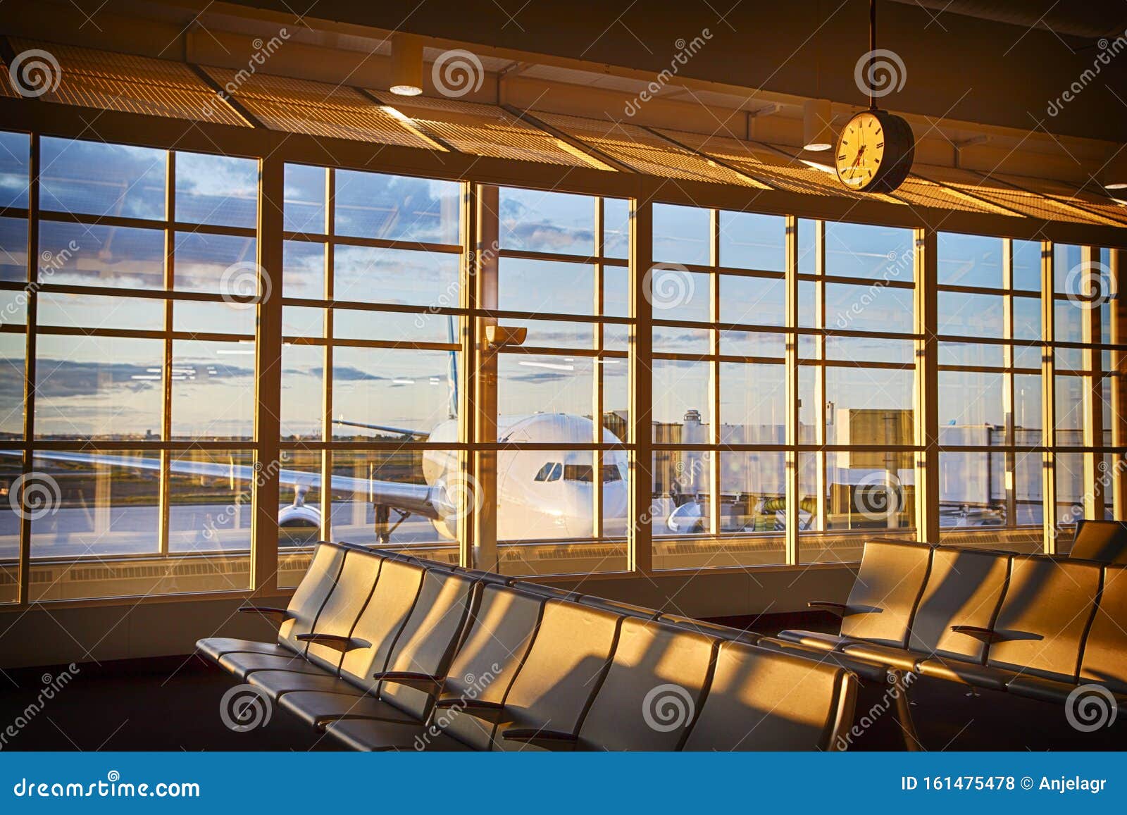 Empty Airport Terminal Lounge With Airplane On Background. Modern ...