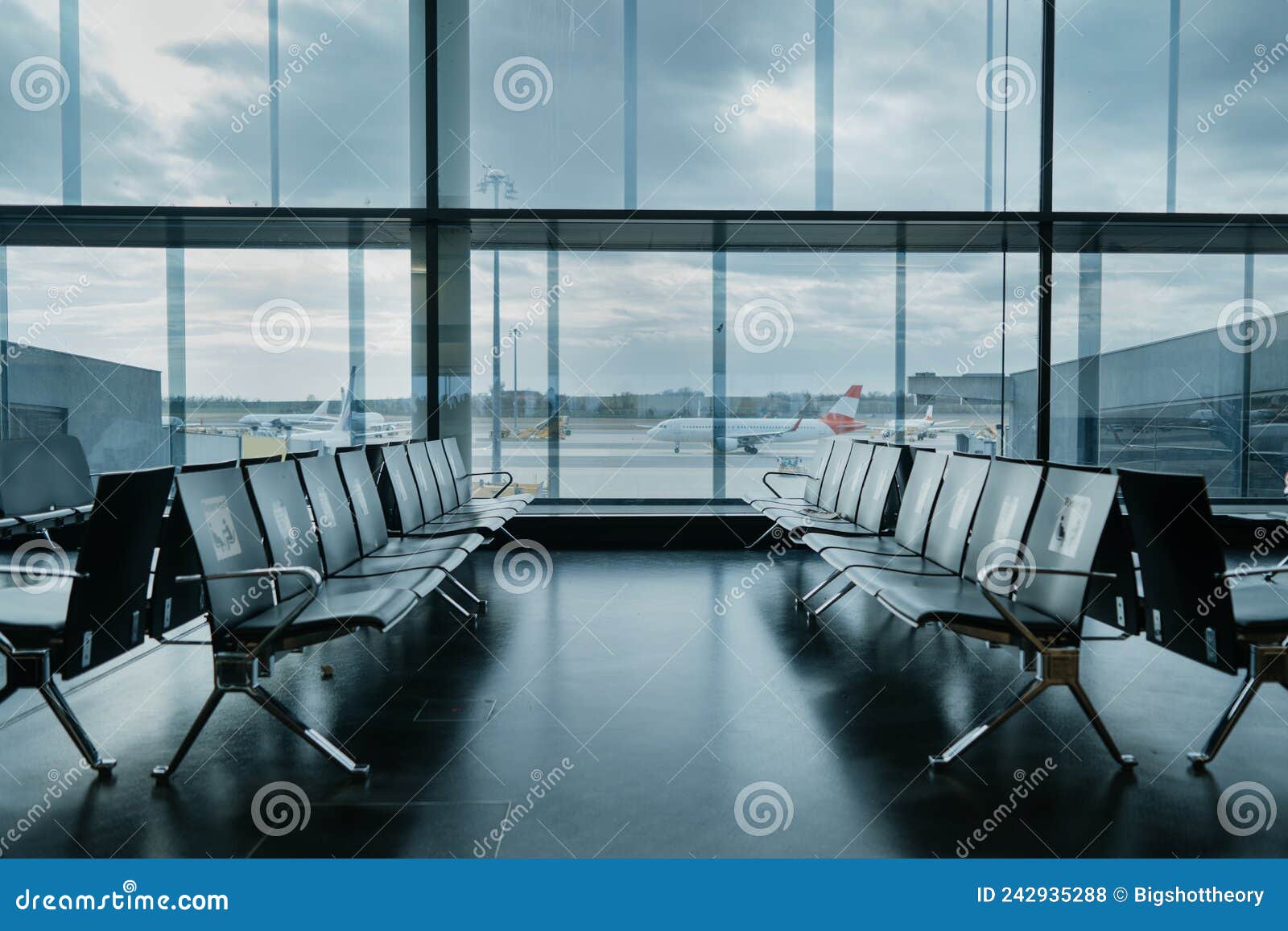 Empty Airport Terminal Lounge with Airplane on Background. Closed ...