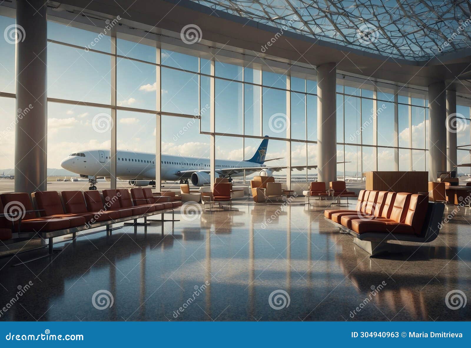 Empty Airport Terminal Lounge with Airplane Flying Past Lounge Window ...