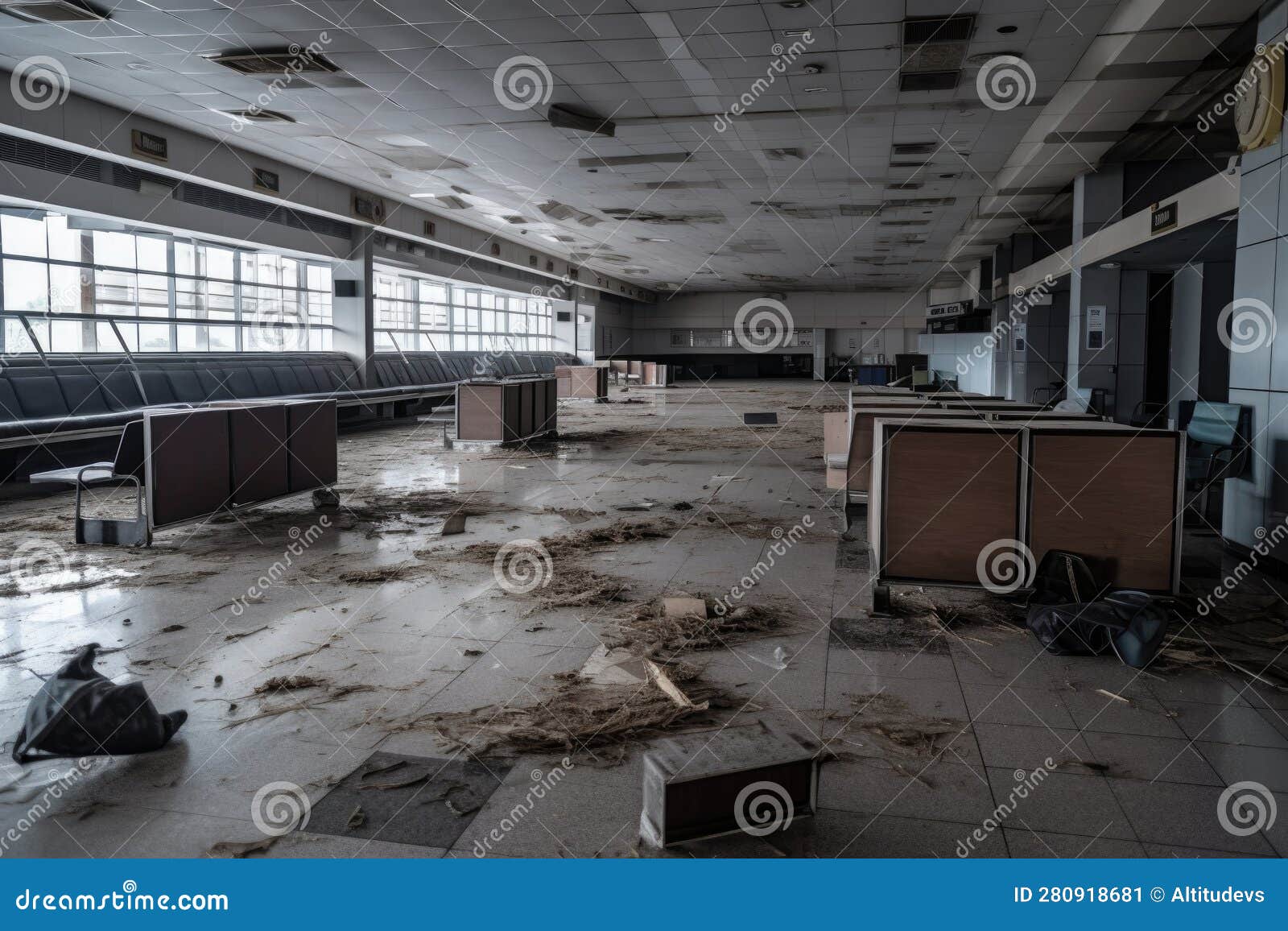 Empty Airport Terminal, with Luggage Carts and Passenger Benches Strewn ...