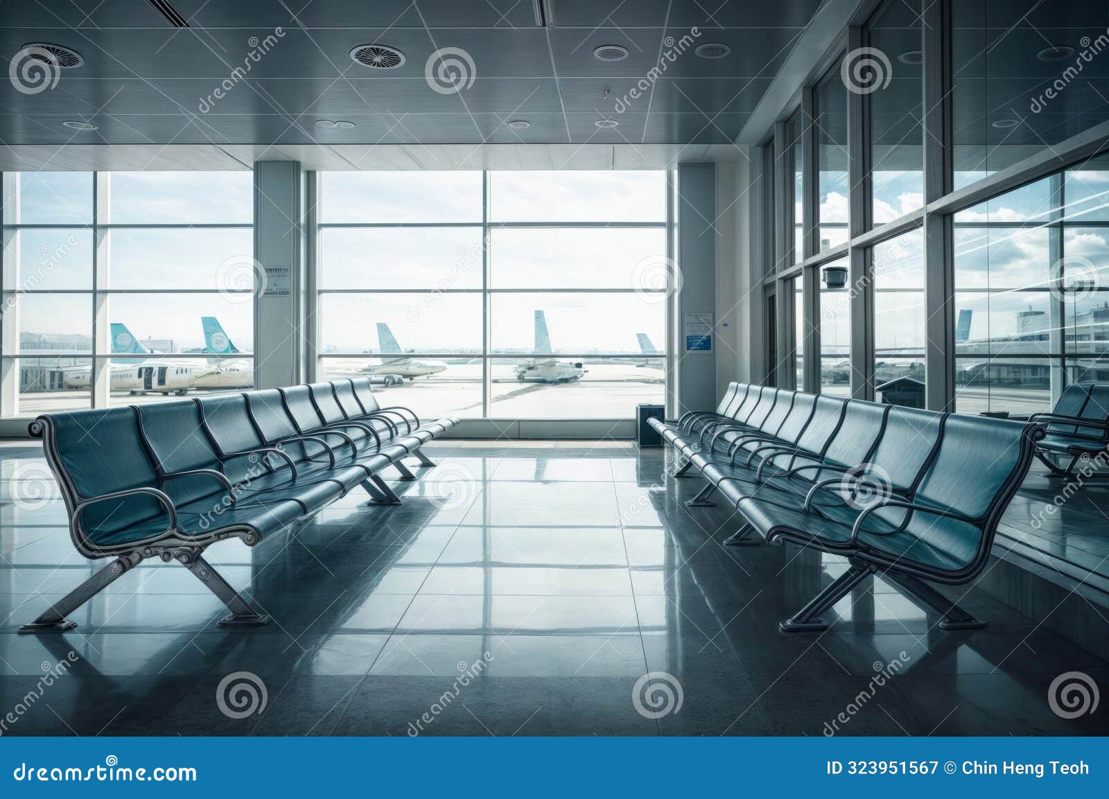 Empty Airport Terminal with Rows of Seats and Airplanes Outside Stock ...
