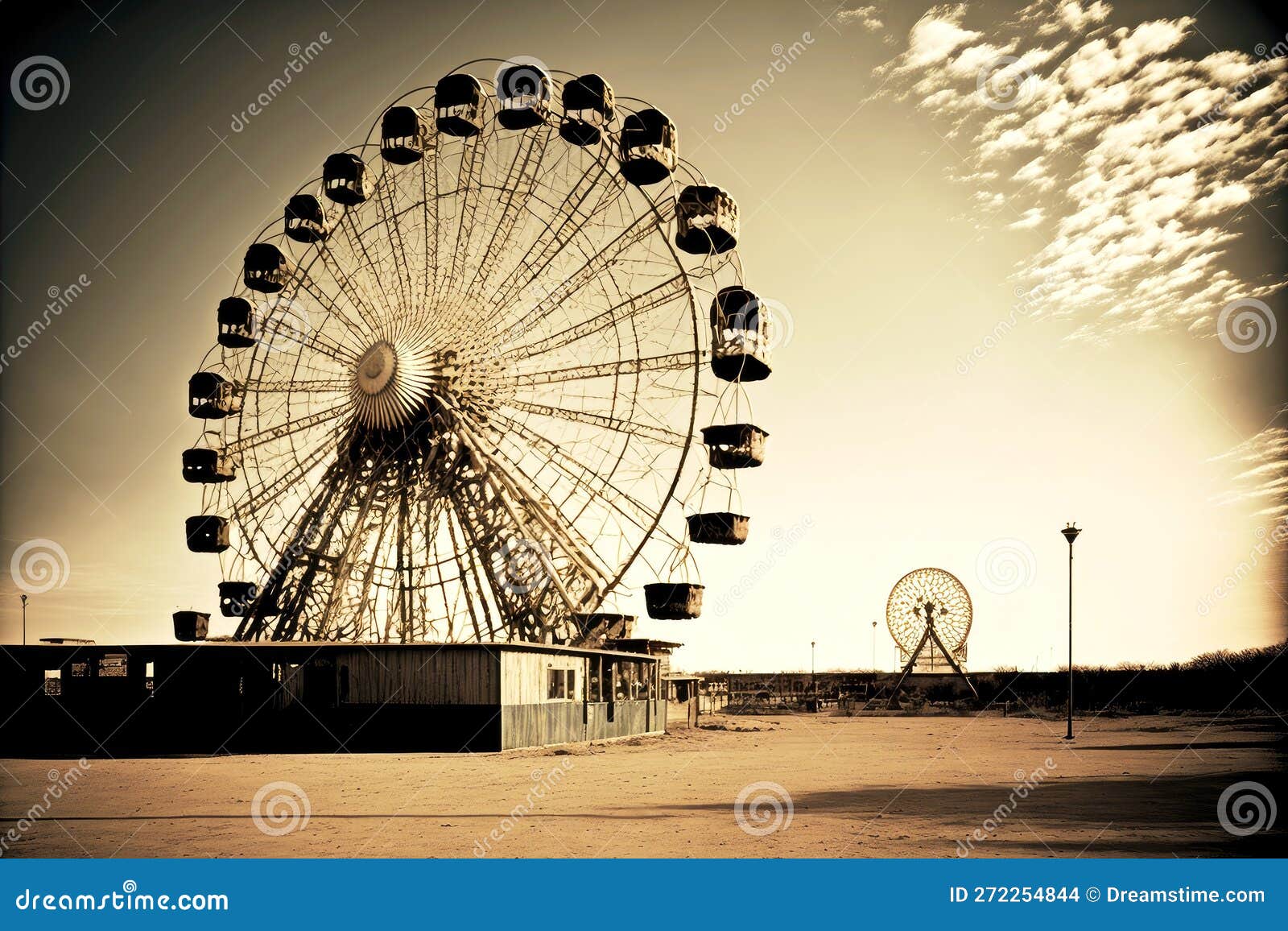 Empty Amusement Park and Large Round Ferris Wheel Stock Photo - Image ...