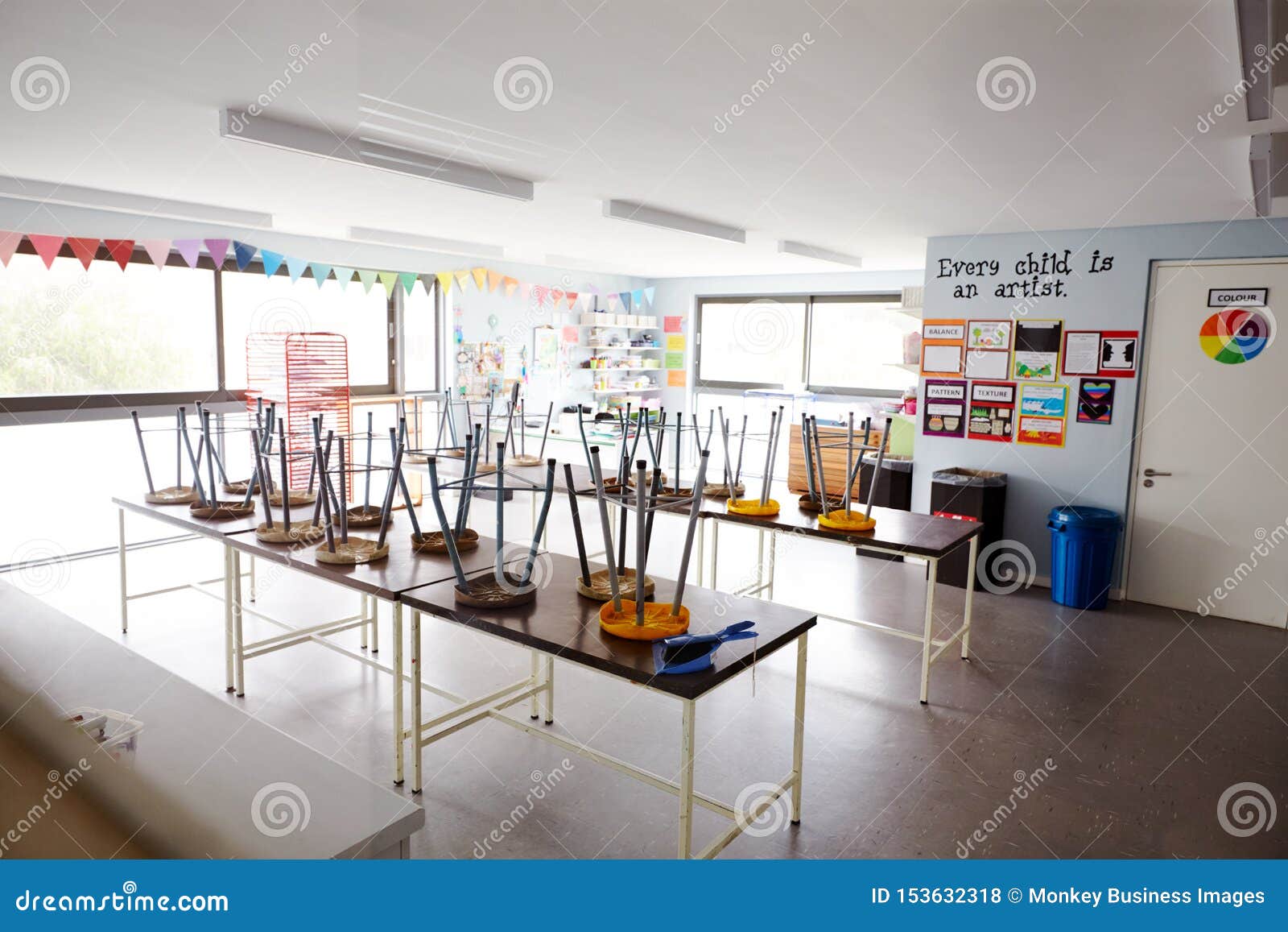 Empty Art Classroom in Elementary School with Chairs Stacked on Tables ...