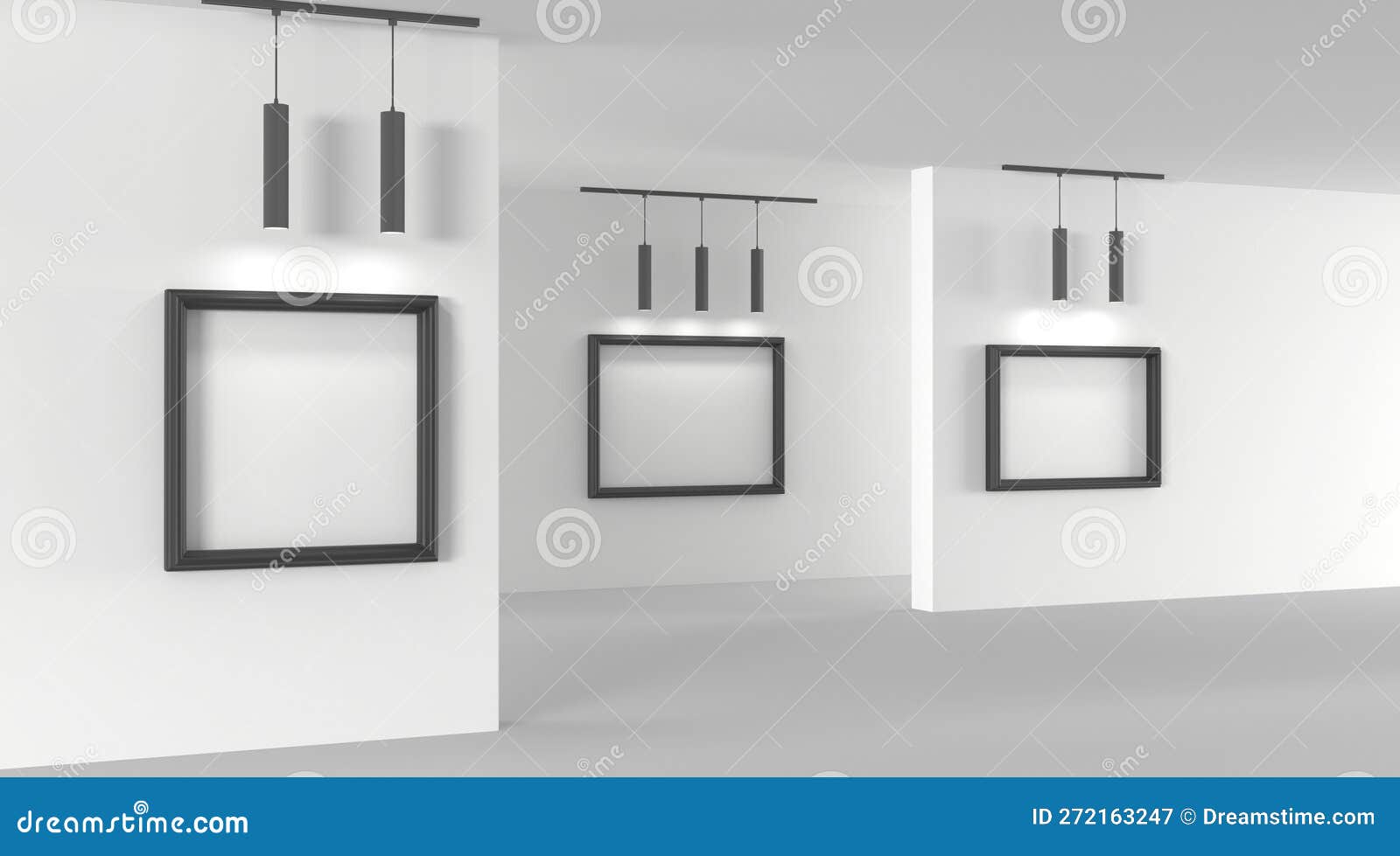 Empty Art Gallery with Blank Picture Frames Illuminated by Spotlights ...