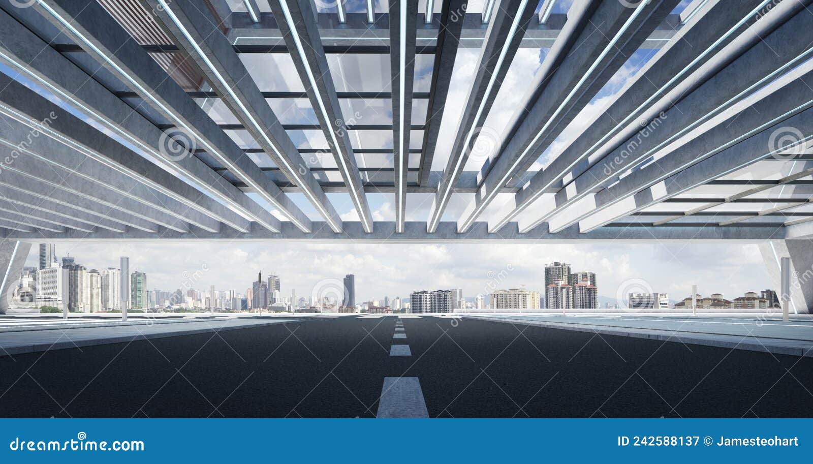 Empty Asphalt Roadside Under the Bridge with Cityscape Background Stock ...