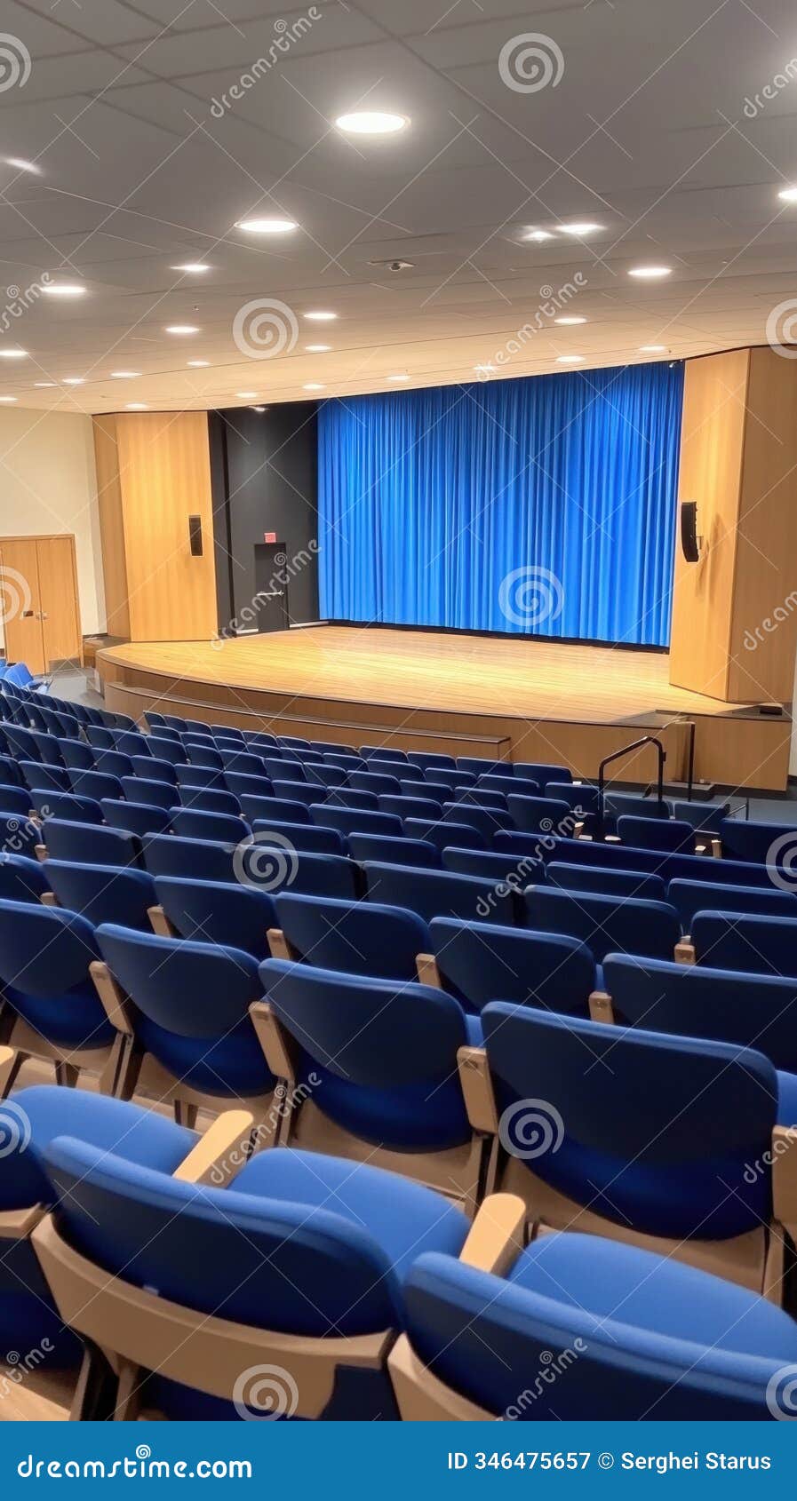 Empty Auditorium with Blue Seats and a Stage with Blue Curtains, AI ...