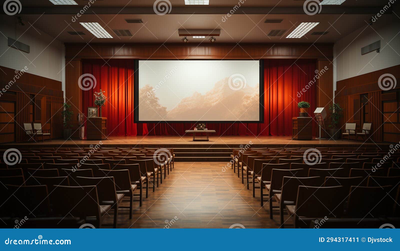 Empty Auditorium with Illuminated Stage and Modern Projection Equipment ...