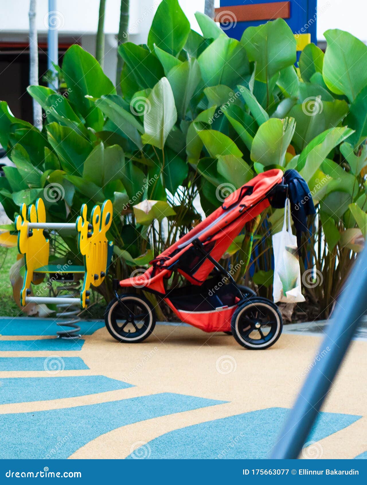 Empty Baby Stroller in the Park. Pram in the Playground Stock Image ...