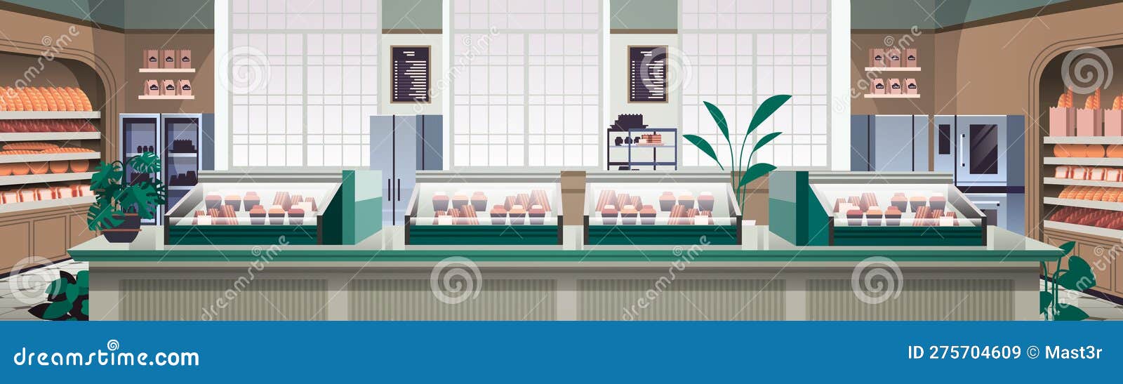Empty Bakery Interior Shop Showcase with Fresh Pastries Sweets Cakes ...