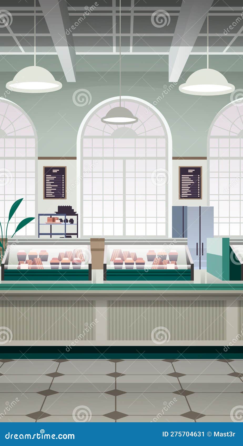 Empty Bakery Interior Shop Showcase with Fresh Pastries Sweets Cakes ...