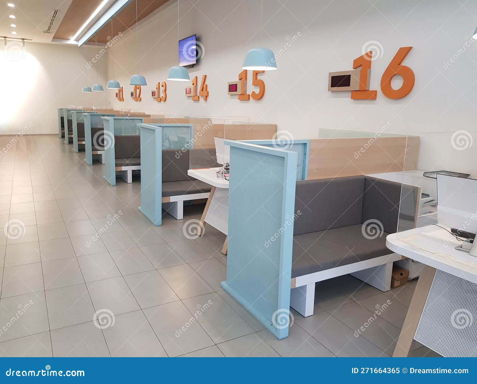 Empty Bank Countier with Sofa and Cabine Numbers Stock Image - Image of ...