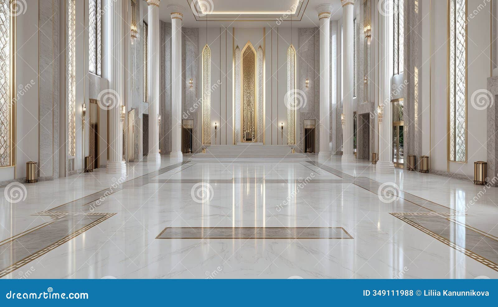 Empty Bank Lobby Features Marble Floors with Geometric Patterns, Gold ...