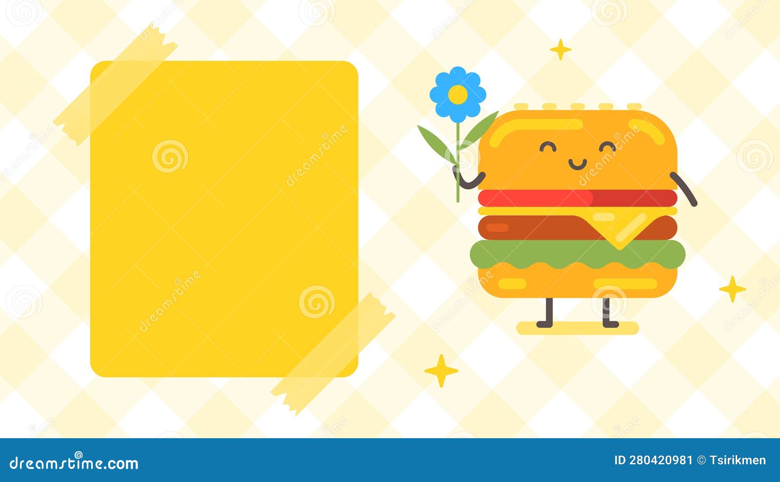 Empty Banner and Hamburger Character Holding Flower. Funny Character ...