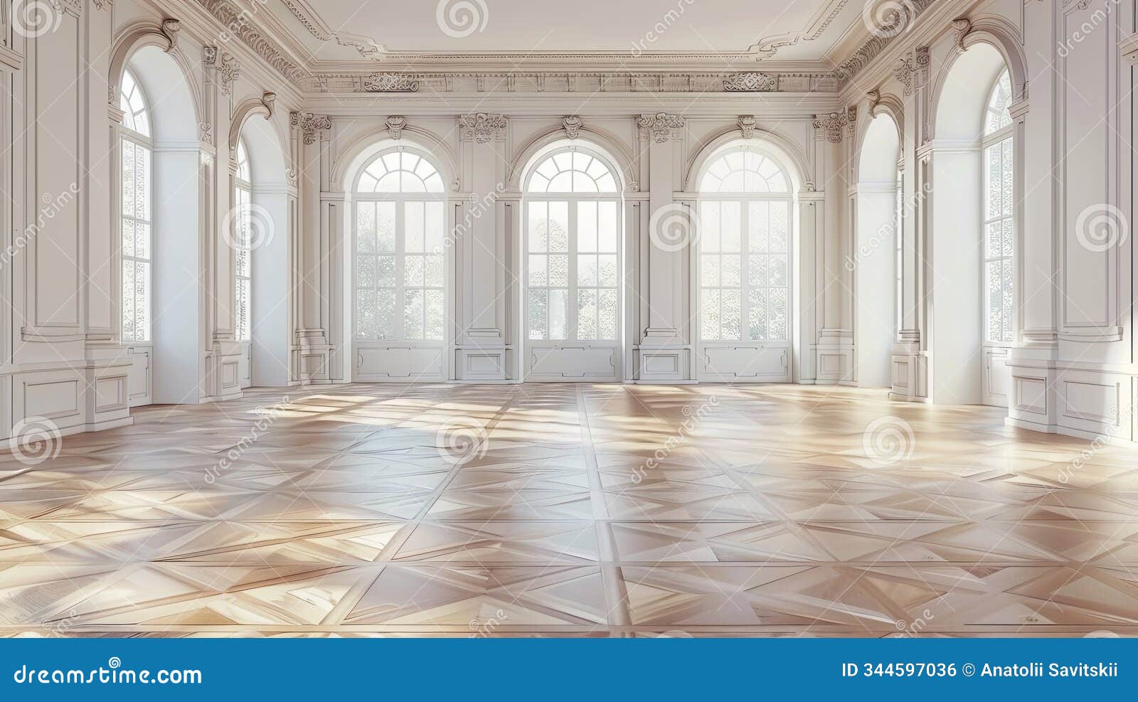 An Empty Banquet Hall Featuring a Tiled Floor and Large Windows ...