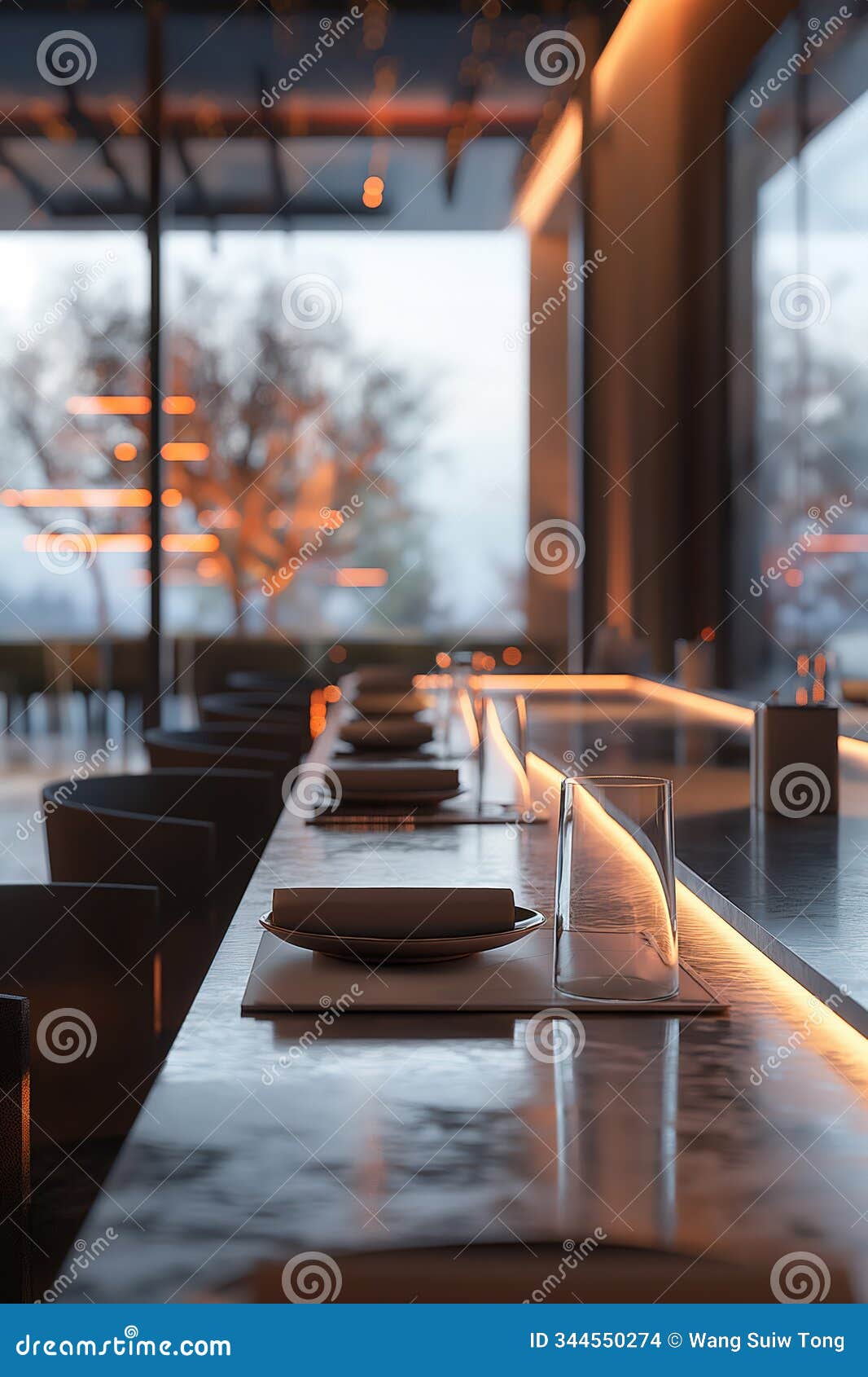 Empty Bar Counter with Ambient Lighting Overlooking Cityscape Stock ...