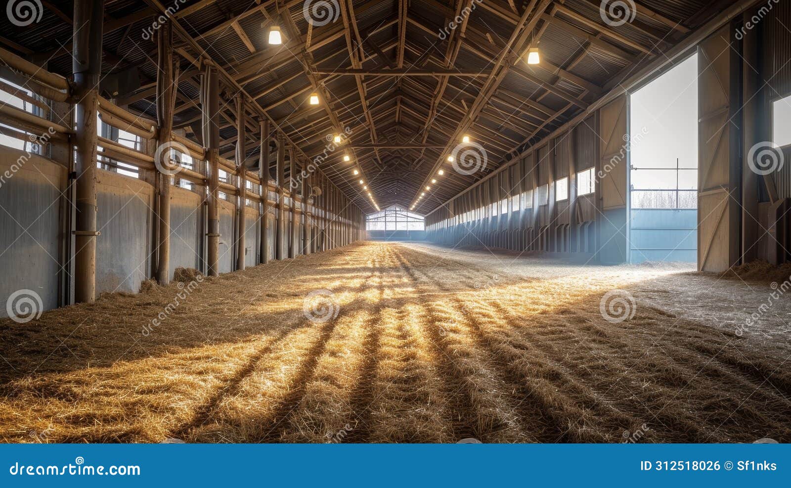 Empty Barn Interior with Sunlight Casting Dramatic Shadows, Straw ...