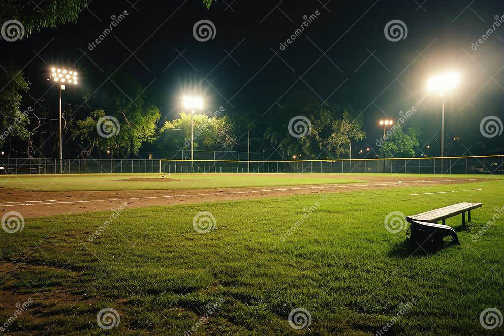 An Empty Baseball Field Under Bright Floodlights at Night, AI Generated ...