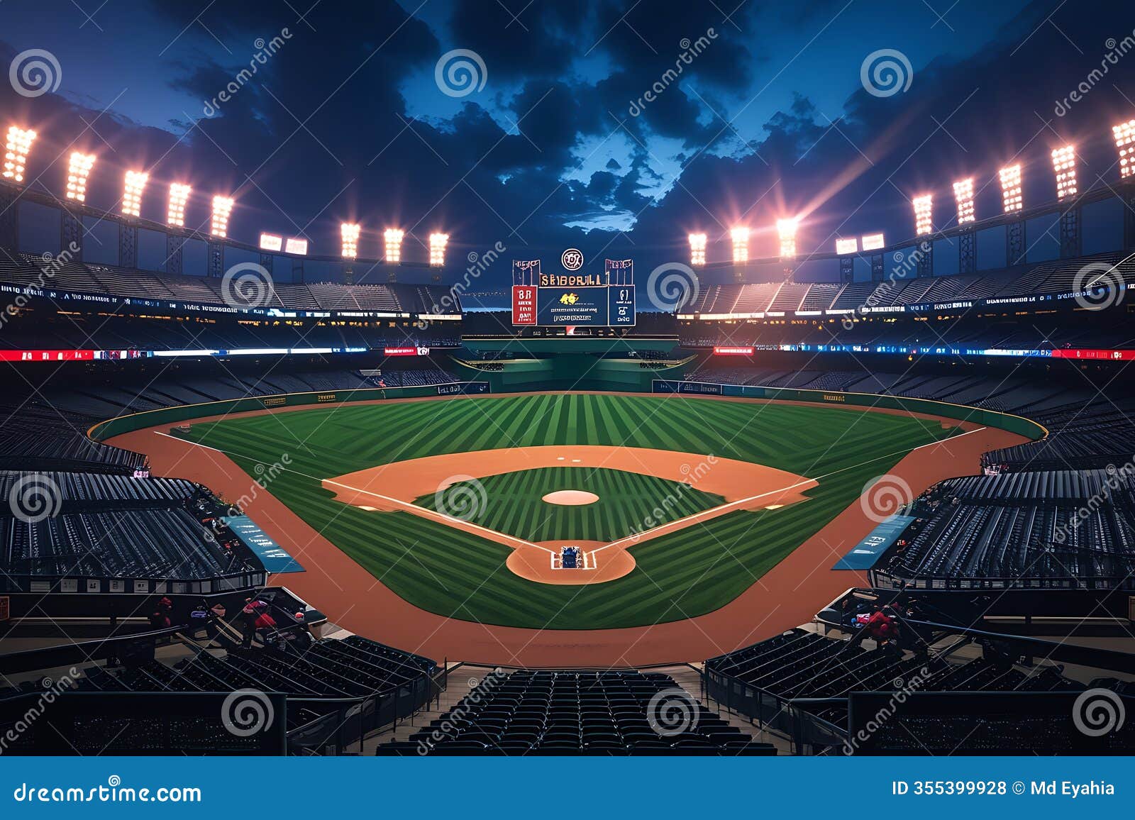 Empty Baseball Pitch Stadium. Illuminated with Light.. Stock ...