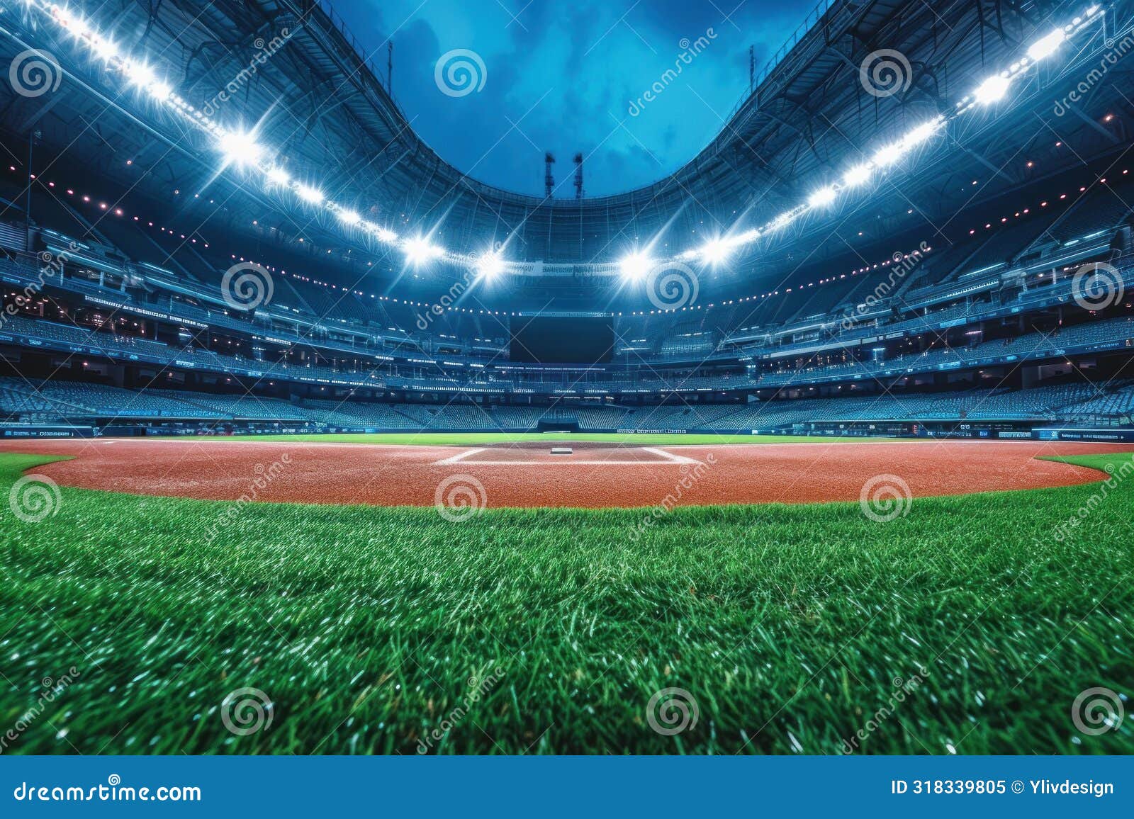 Empty Baseball Stadium with Illuminated Lights Stock Image - Image of ...