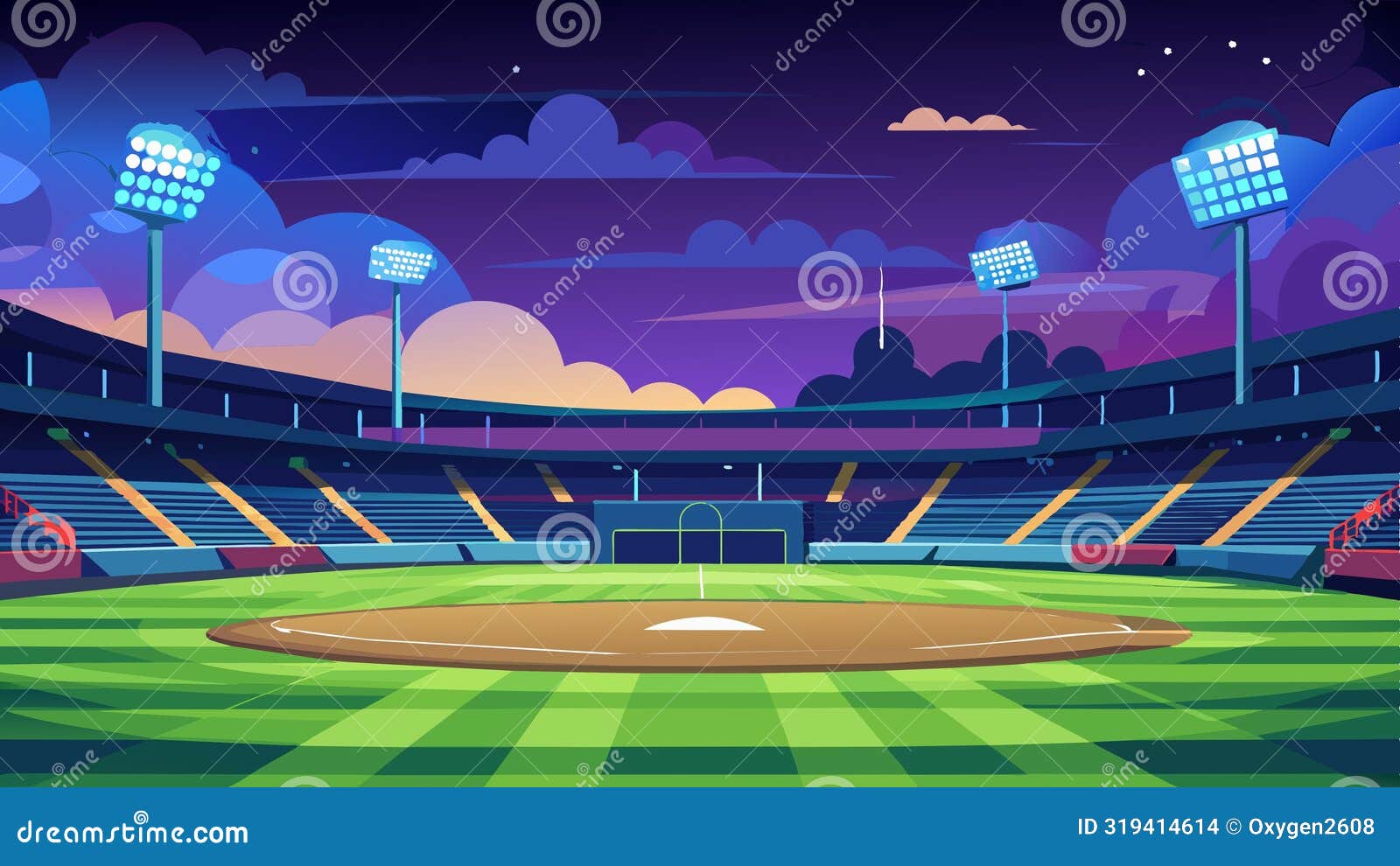 Twilight Game At An Empty Baseball Stadium With Illuminated Floodlights ...