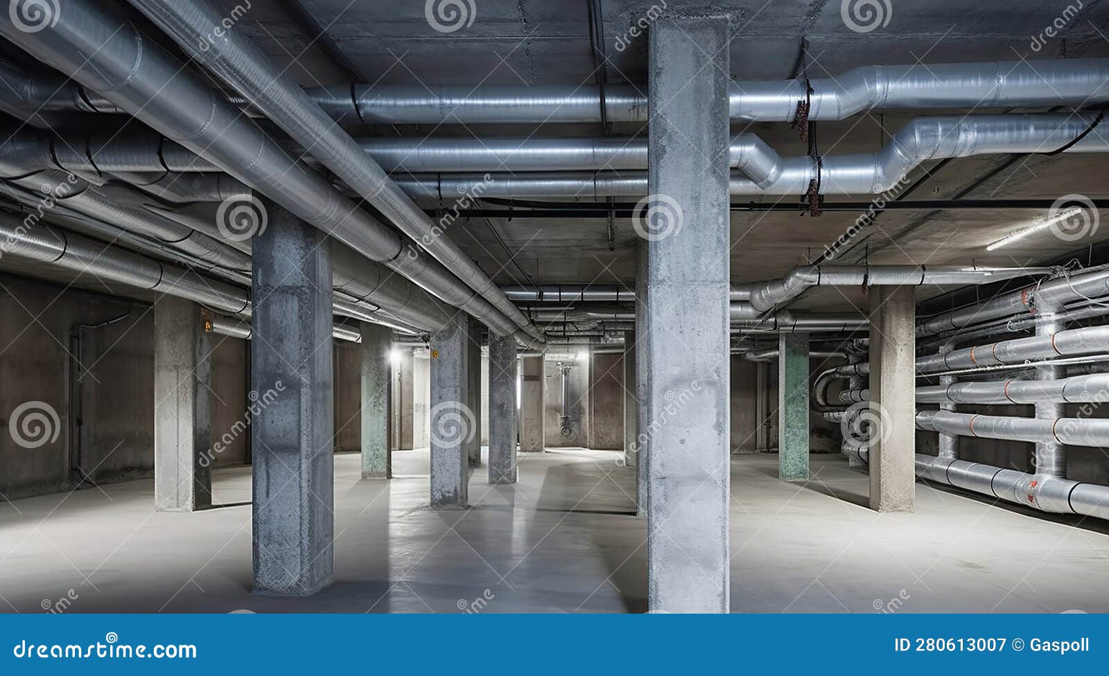 Empty Basement of Modern Building with Concrete Columns with Plumbing ...
