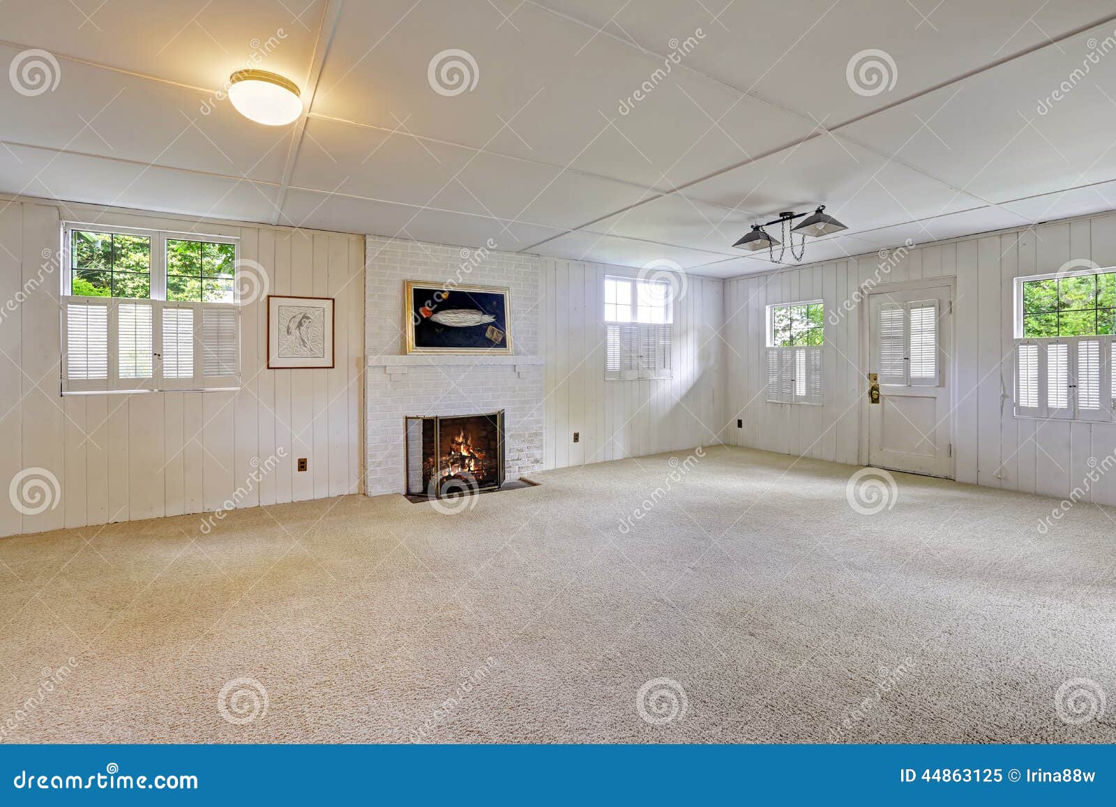 Empty Basement Room with Fireplace Stock Image - Image of american ...