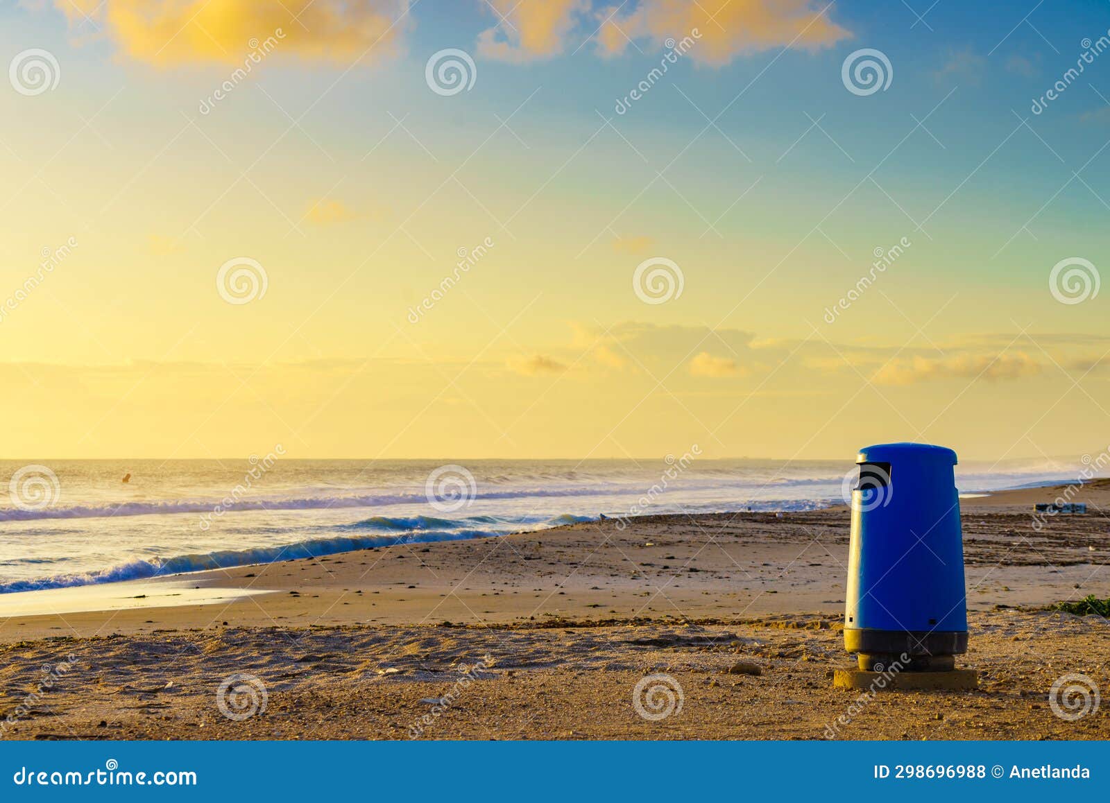 Empty beach with trash can stock photo. Image of trashcan - 298696988