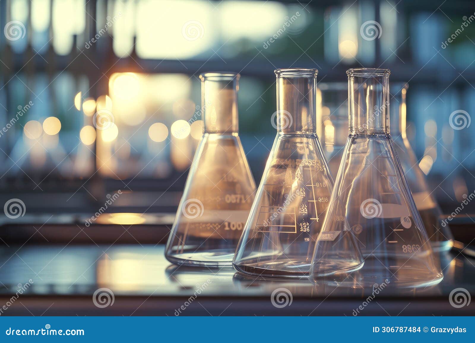 Empty Beakers in a Lab. Laboratory Glassware on a Table Against Blurred ...