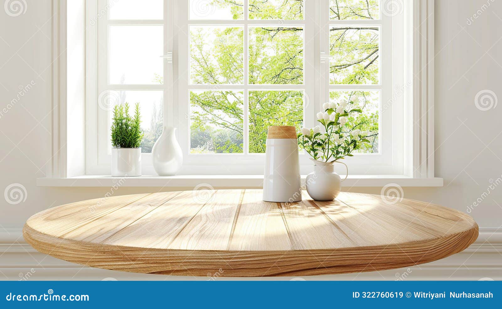 Empty Beautiful Round Wood Tabletop Counter on Interior in Clean and Bright Kitchen Background ...