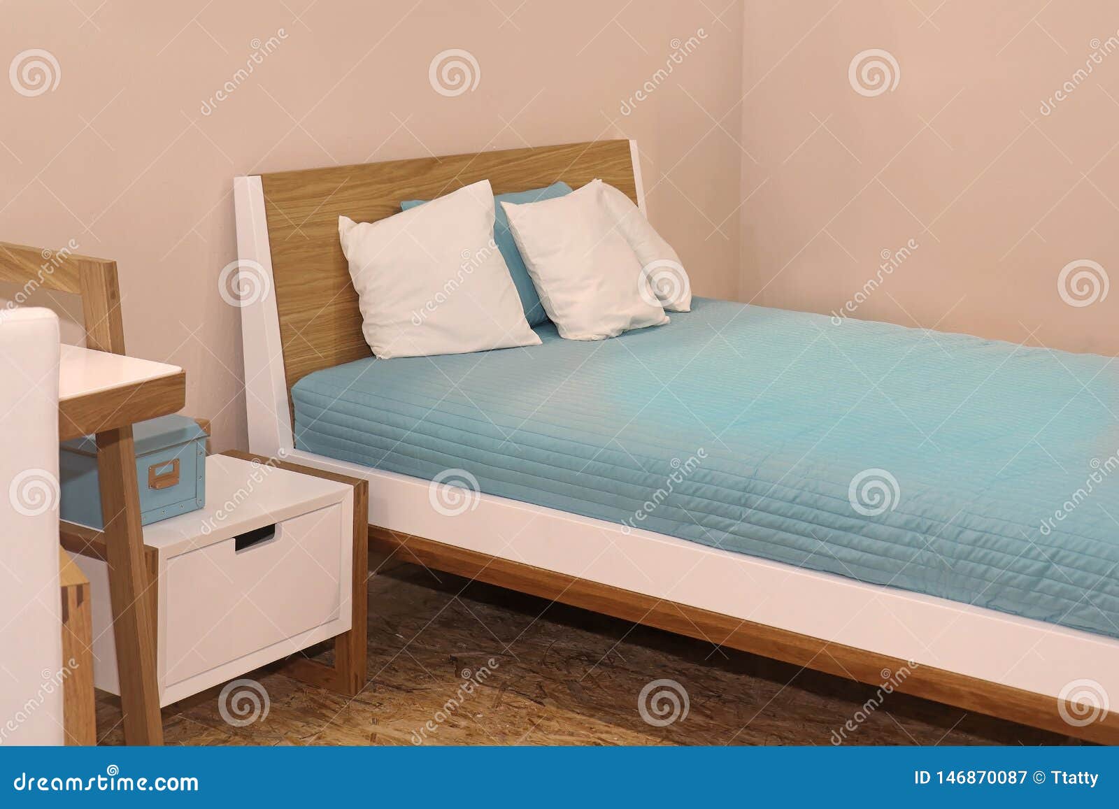 Empty bed in retro bedroom stock image. Image of bedroom - 146870087