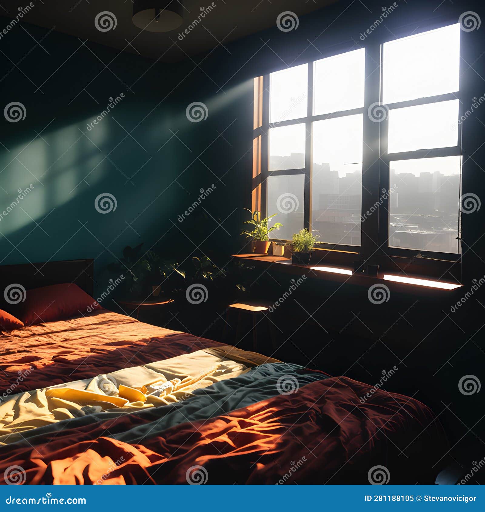 Empty Bedroom with Morning Sunlight Beaming through the Window ...