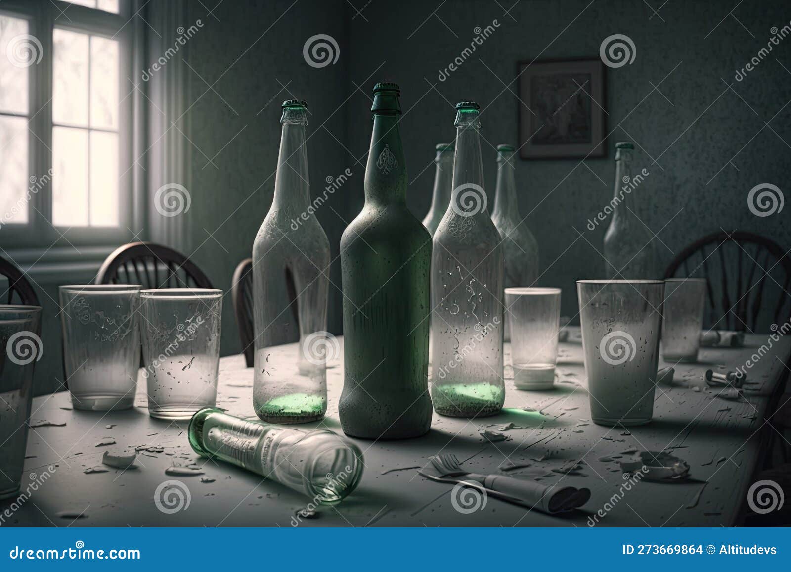 Empty Beer Glasses and Bottles on Table in Large Room after Party Stock ...