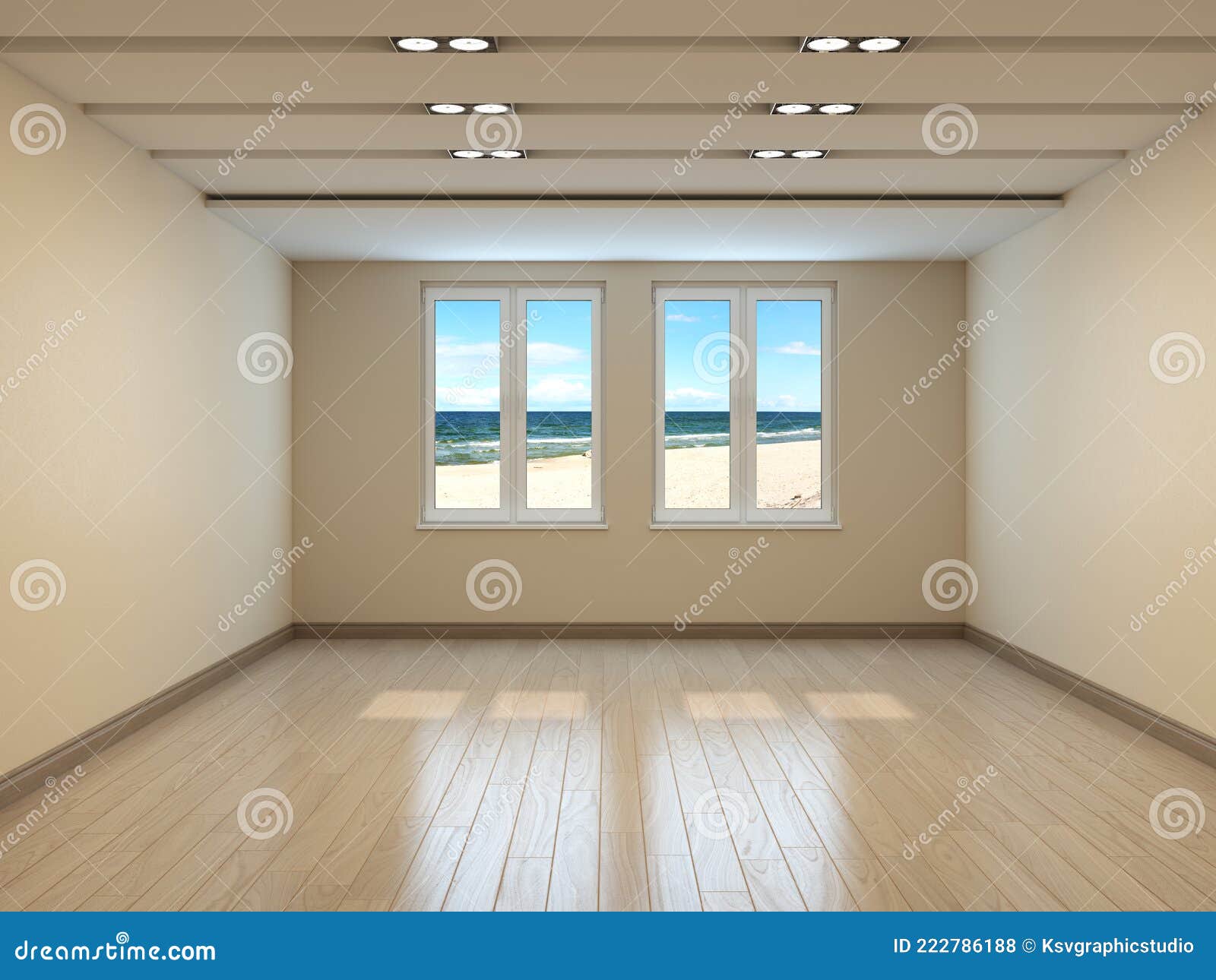 Empty Beige Interior with a Sea View, Two Windows, Light Parquet and ...