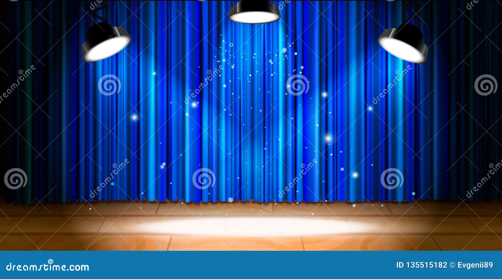 Empty Beige Wooden Stage with Blue Drape and Bright Light Stock Vector ...