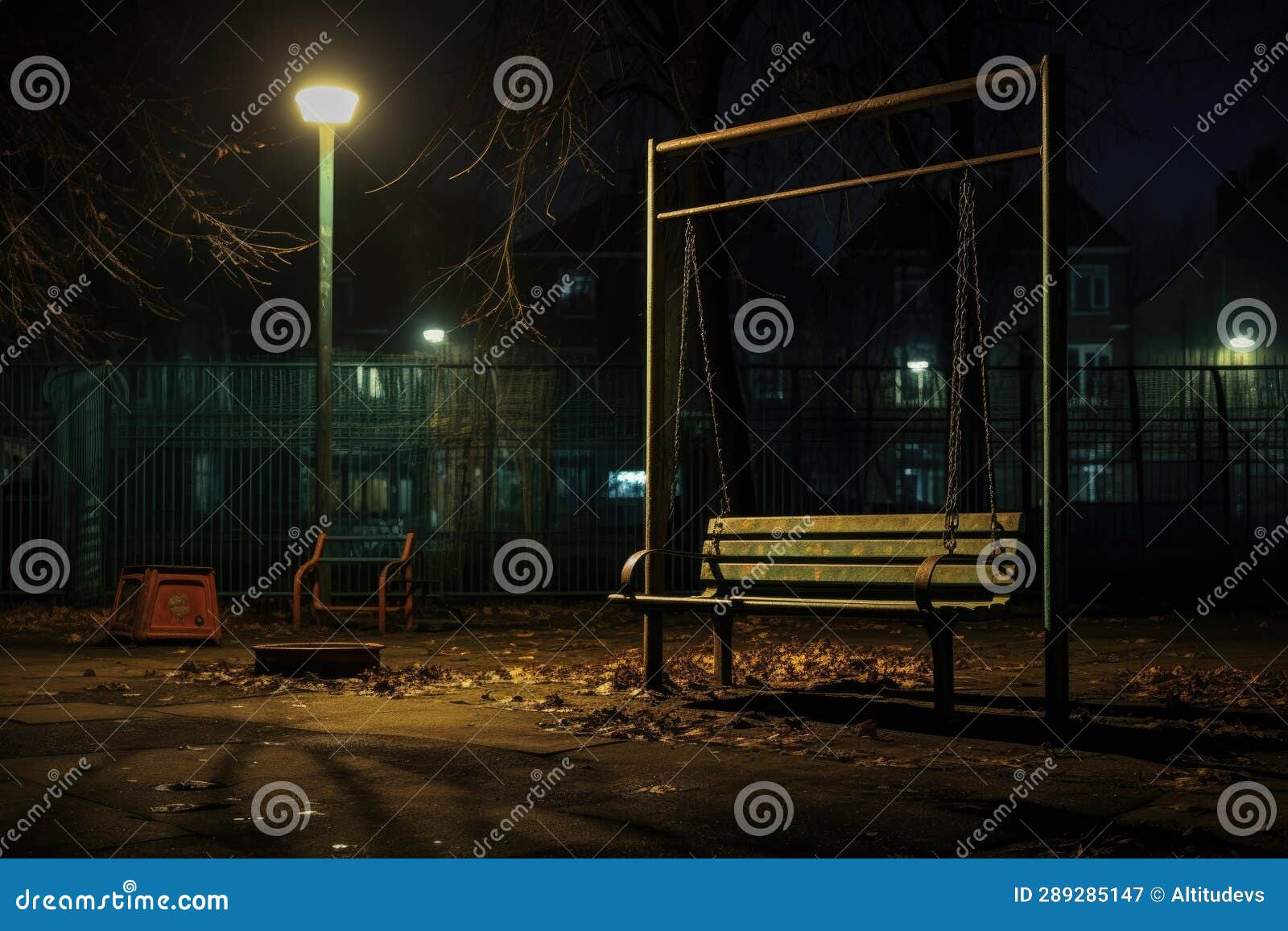 An Empty Bench Next To a Dimly Lit Climbing Frame Stock Image - Image ...