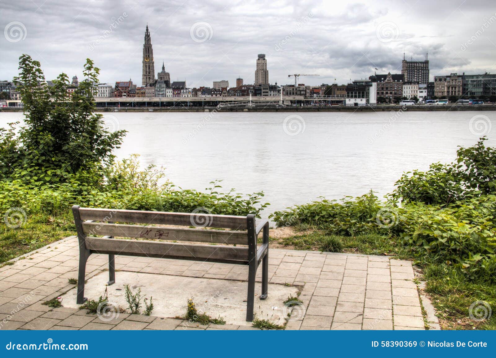 Empty Bench Overlooking the Antwerp Skyline with the Schelde River ...