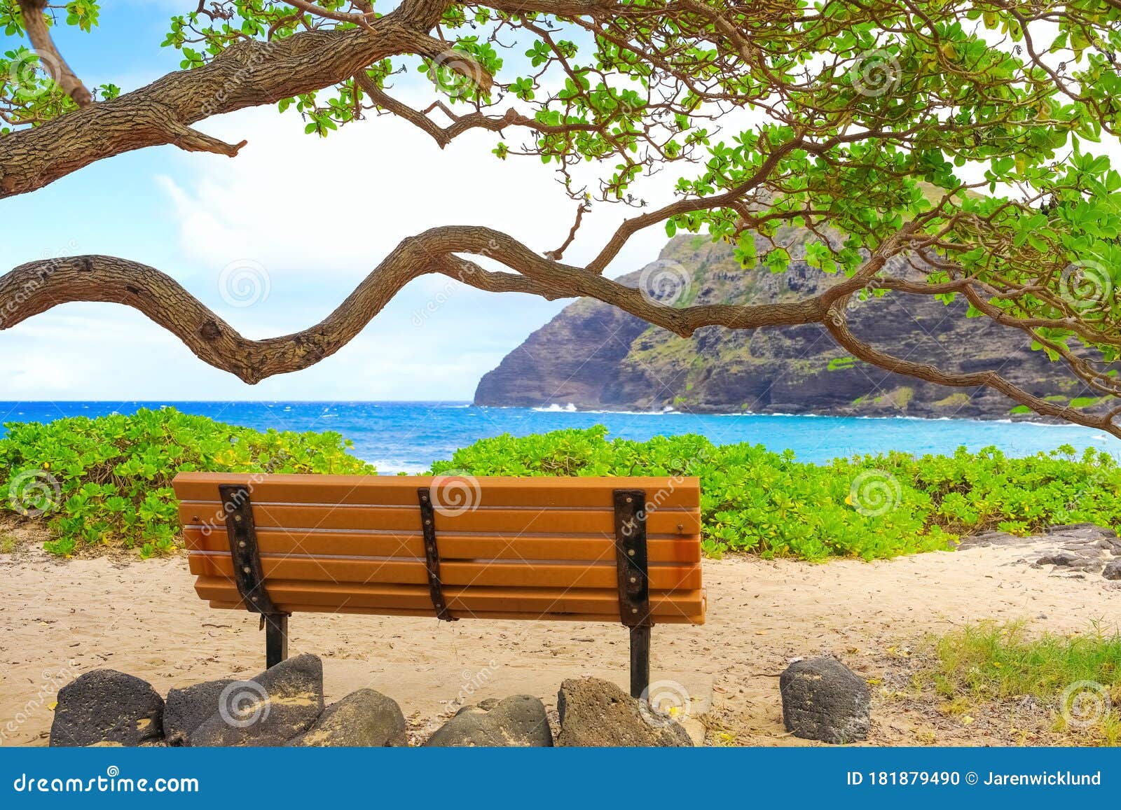Empty Bench Overlooking Blue Ocean at Makapu`u Beach Park Stock Photo ...