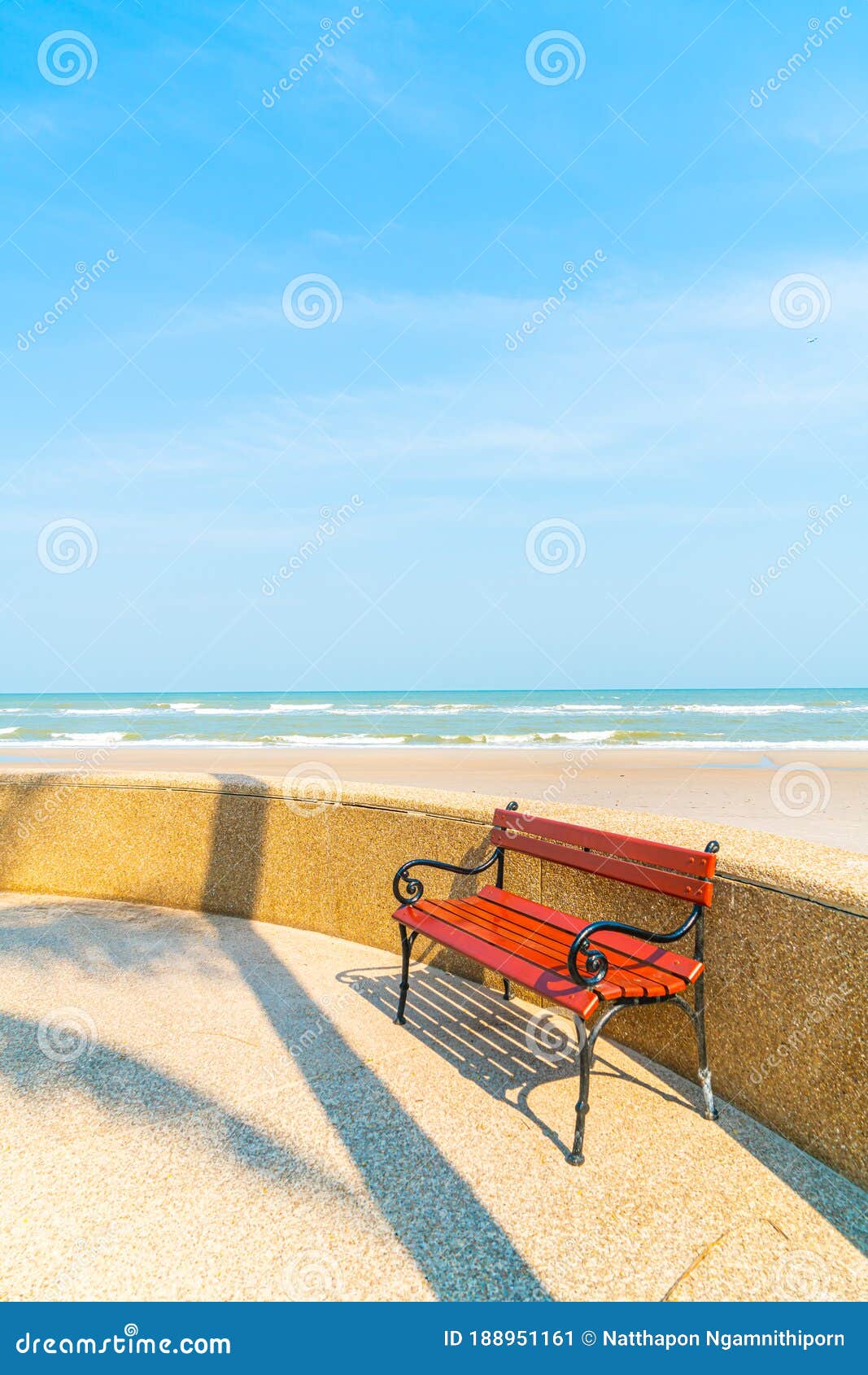 Empty Bench with Sea Beach Background Stock Image - Image of background ...