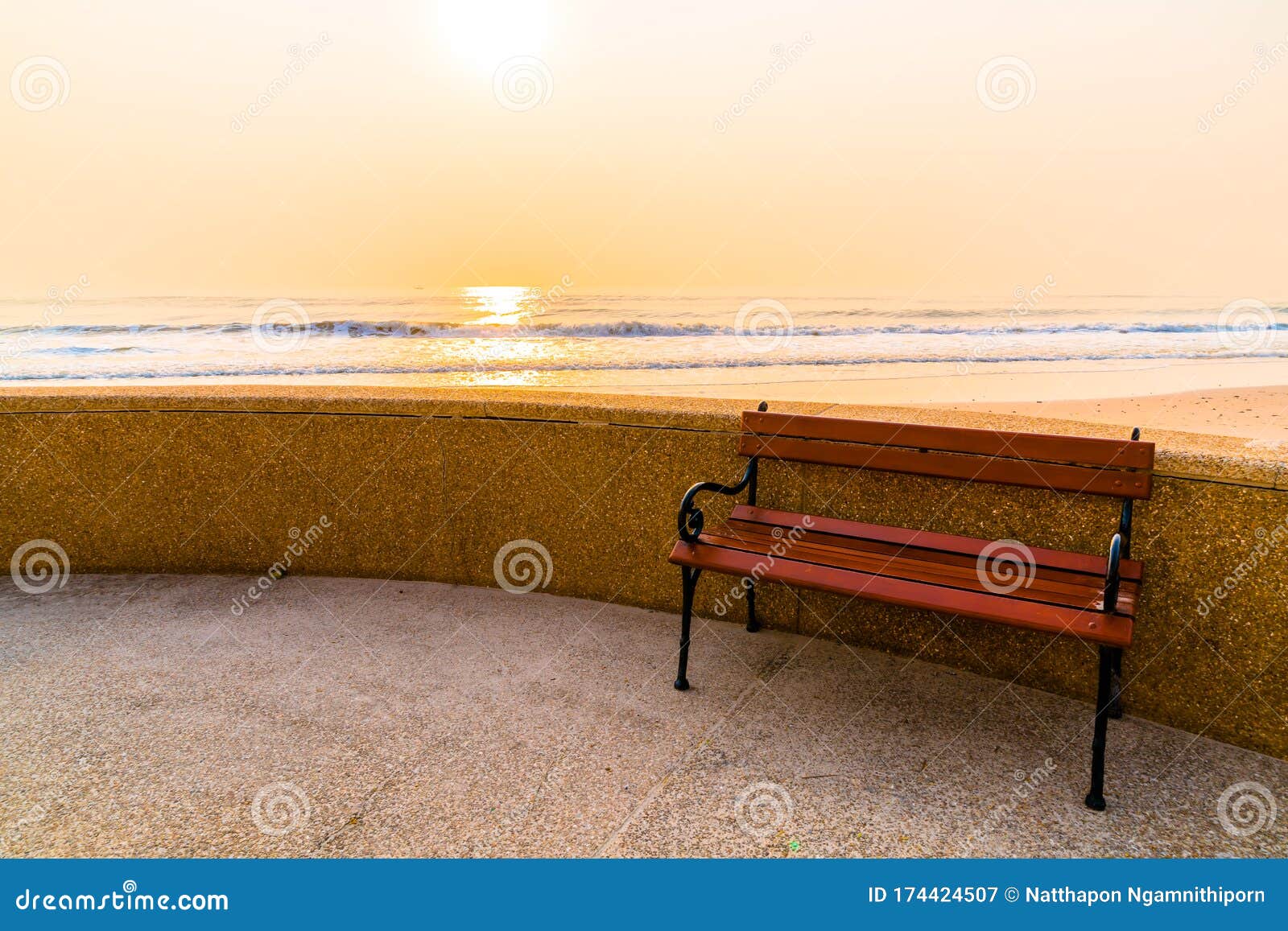 Empty Bench with Sea Beach Background Stock Image - Image of peaceful ...